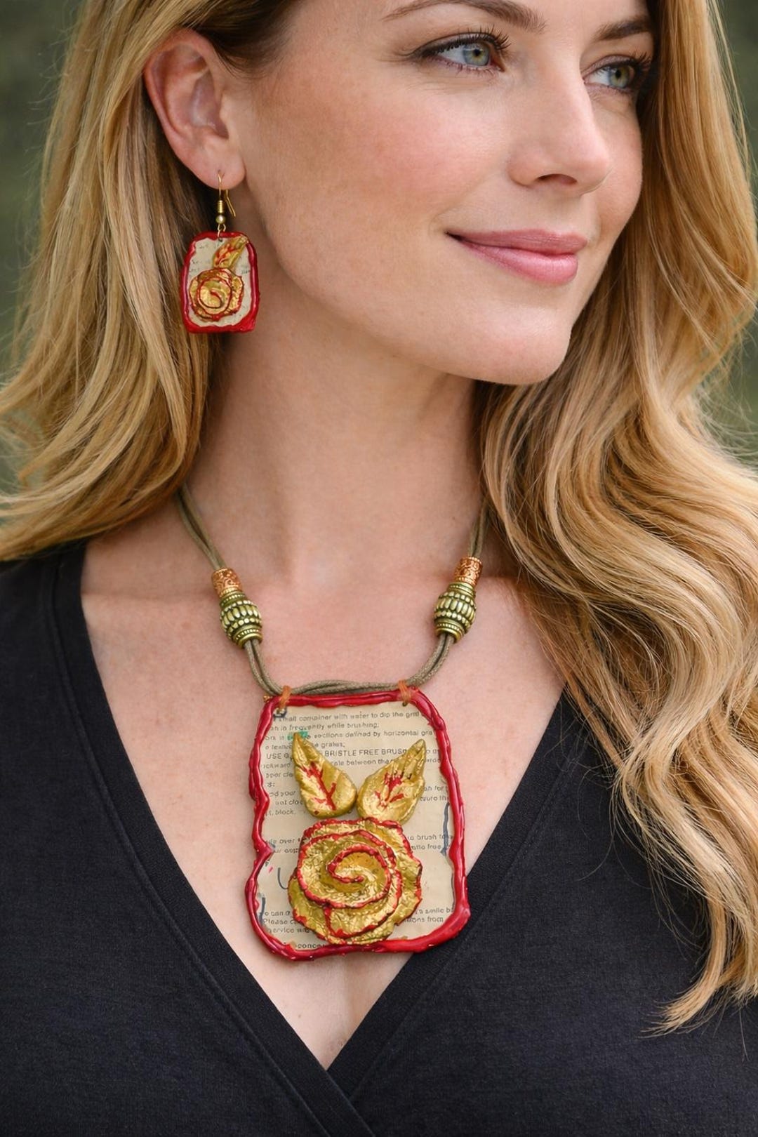 Upcycled Newspaper Jewelry Set, Handmade Clay Necklace With Earrings ...