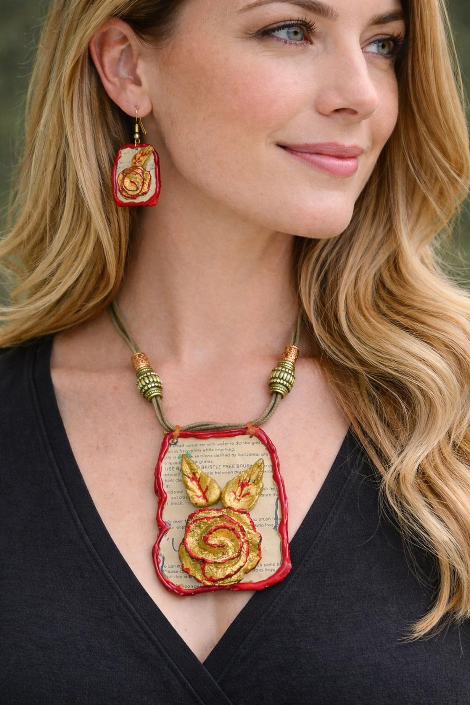Upcycled Newspaper Jewelry Set, Handmade Clay Necklace With Earrings ...