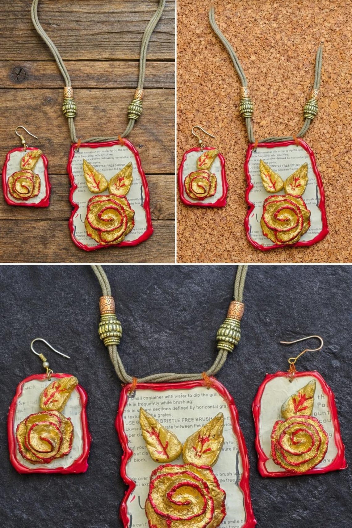 Upcycled Newspaper Jewelry Set, Handmade Clay Necklace With Earrings ...