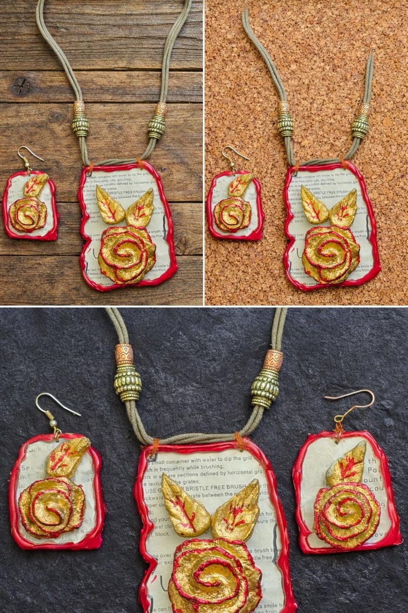 Upcycled Newspaper Jewelry Set, Handmade Clay Necklace With Earrings ...