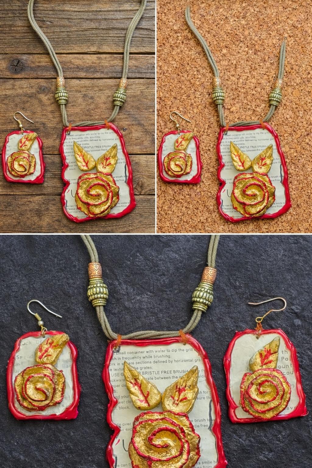 Upcycled Newspaper Jewelry Set, Handmade Clay Necklace With Earrings ...