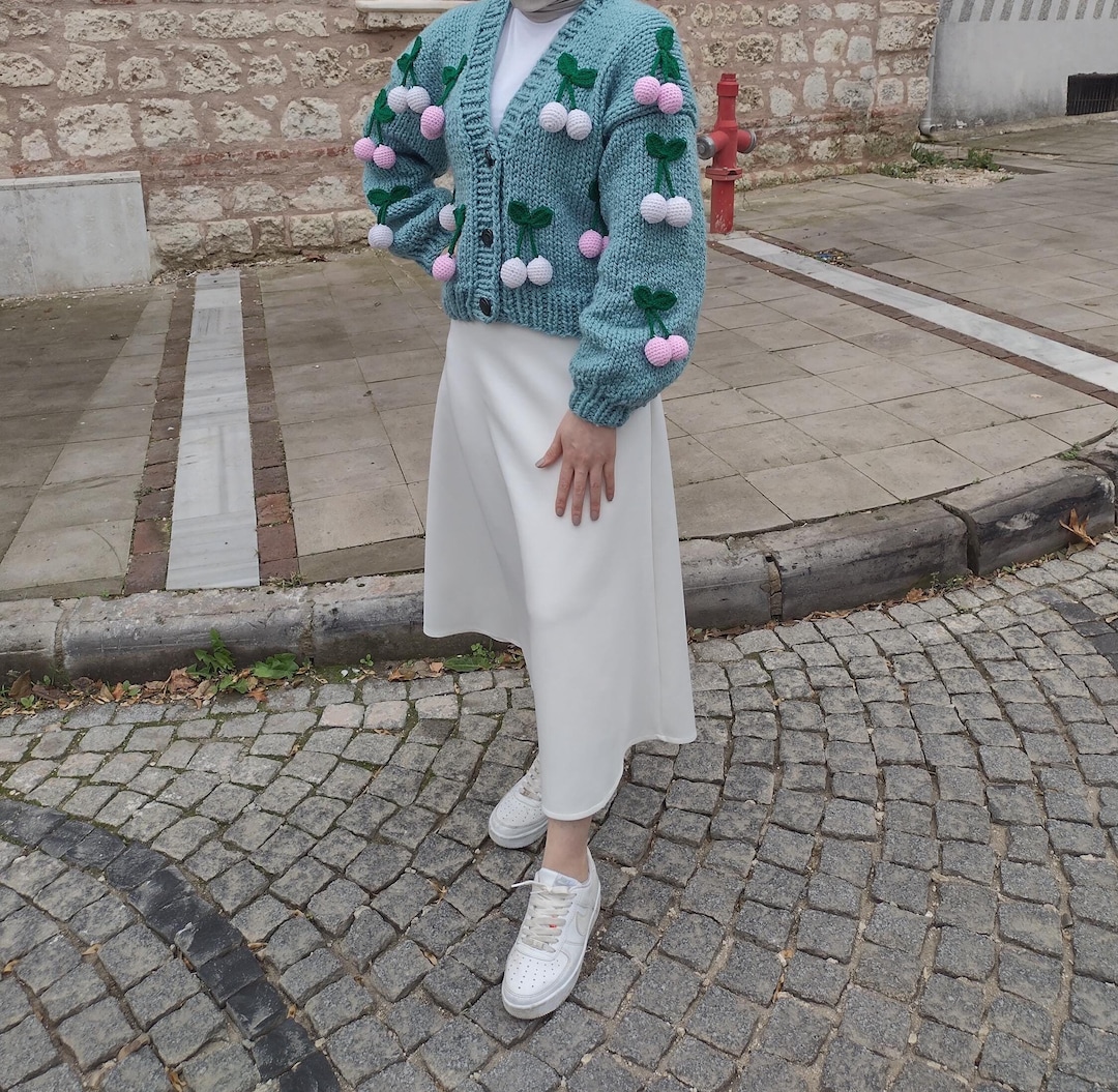 Handmade Cherry Knit Cardigan: Chunky Wool Blend Sweater - Etsy