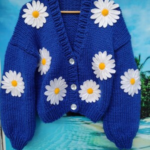 Daisy Cardigan, Floral Cardigan, Knitted Cardigan, Blue Woman's ...
