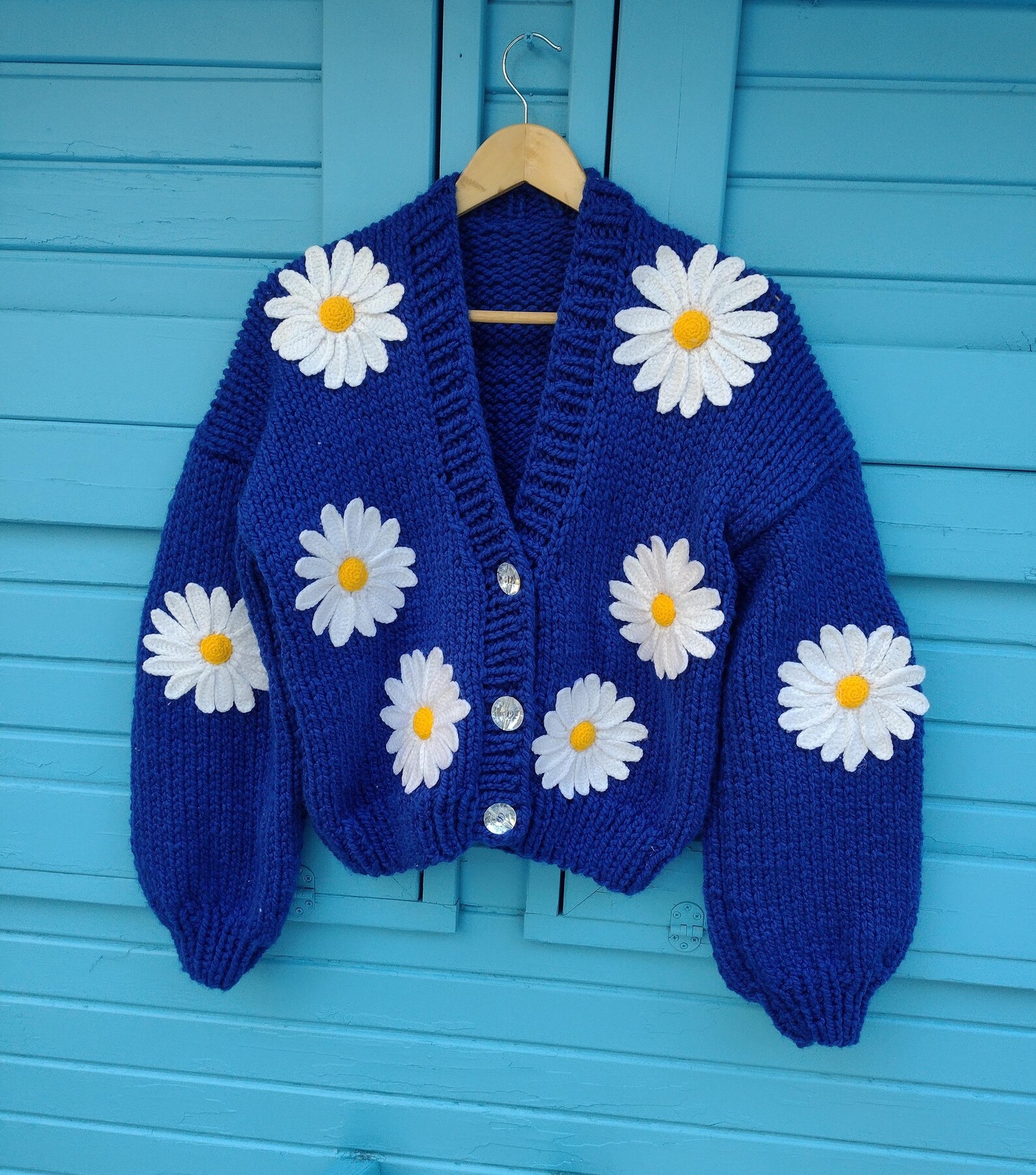 Daisy Cardigan, Floral Cardigan, Knitted Cardigan, Blue Woman's ...