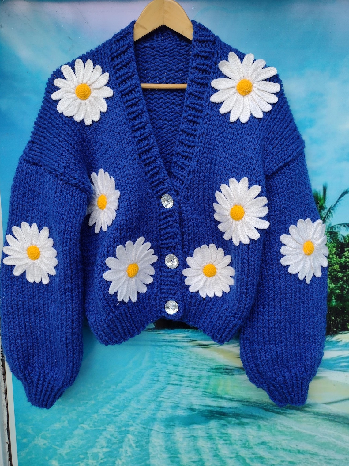 Daisy Cardigan, Floral Cardigan, Knitted Cardigan, Blue Woman's ...