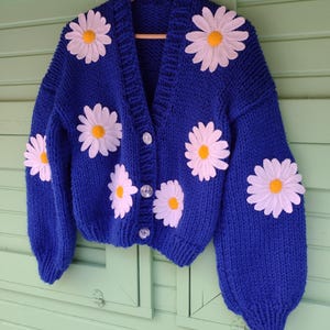 Daisy Cardigan, Floral Cardigan, Knitted Cardigan, Blue Woman's ...