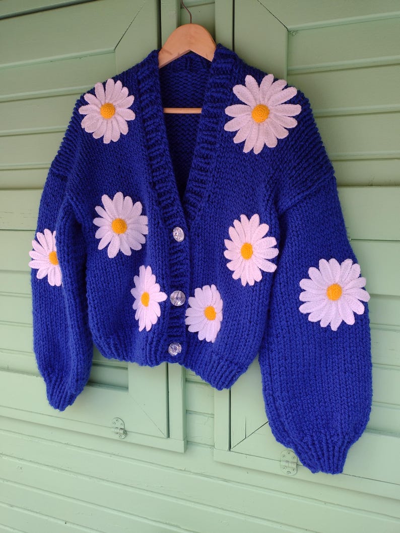 Daisy Cardigan, Floral Cardigan, Knitted Cardigan, Blue Woman's ...