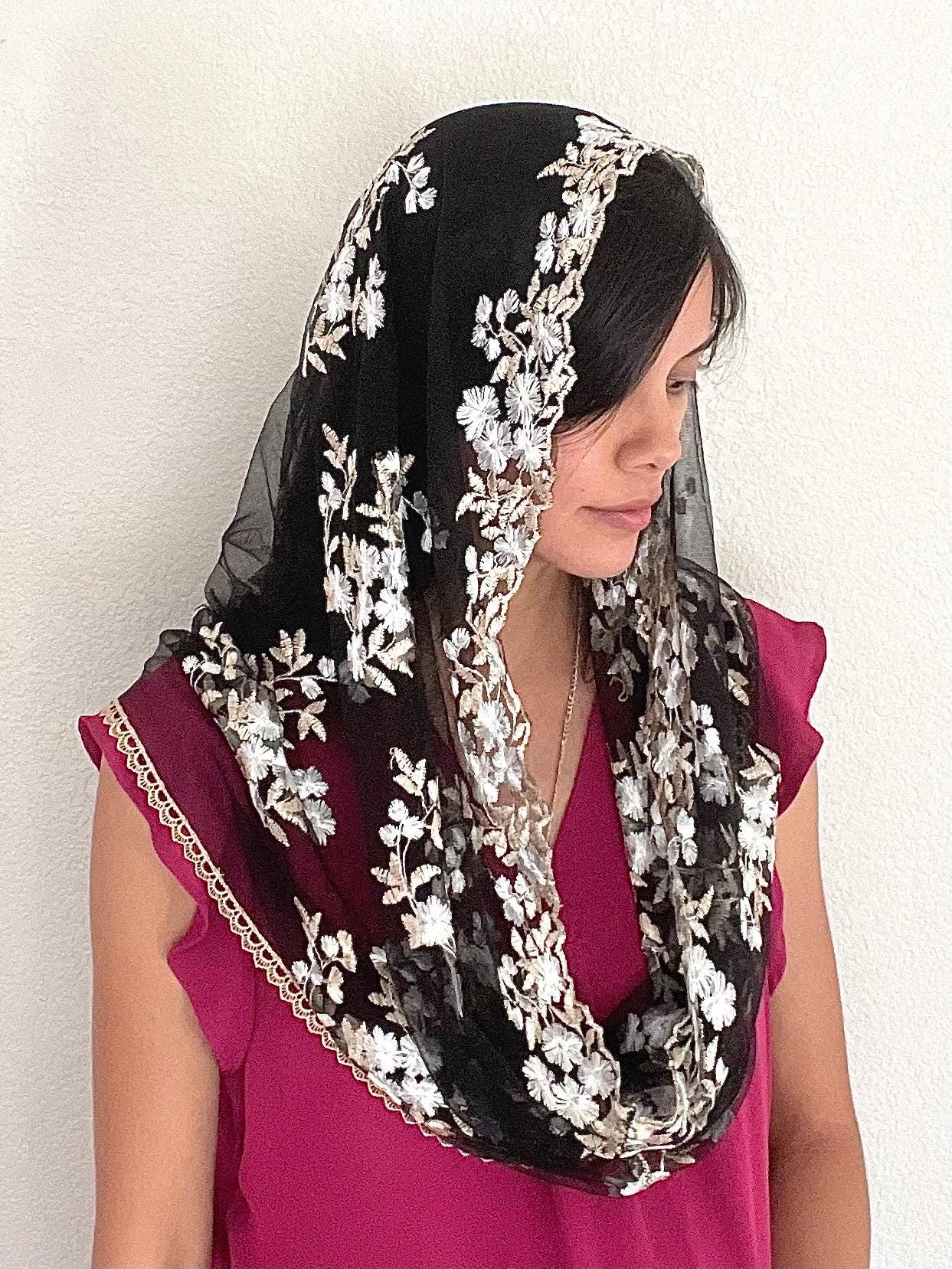 Infinity Veil - Red and Gold Lace Chapel Veil - Traditional Catholic ...