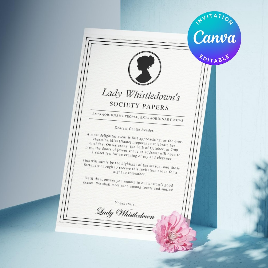 Lady Whistledown Birthday Invitation Template, DIGITAL Editable and ...