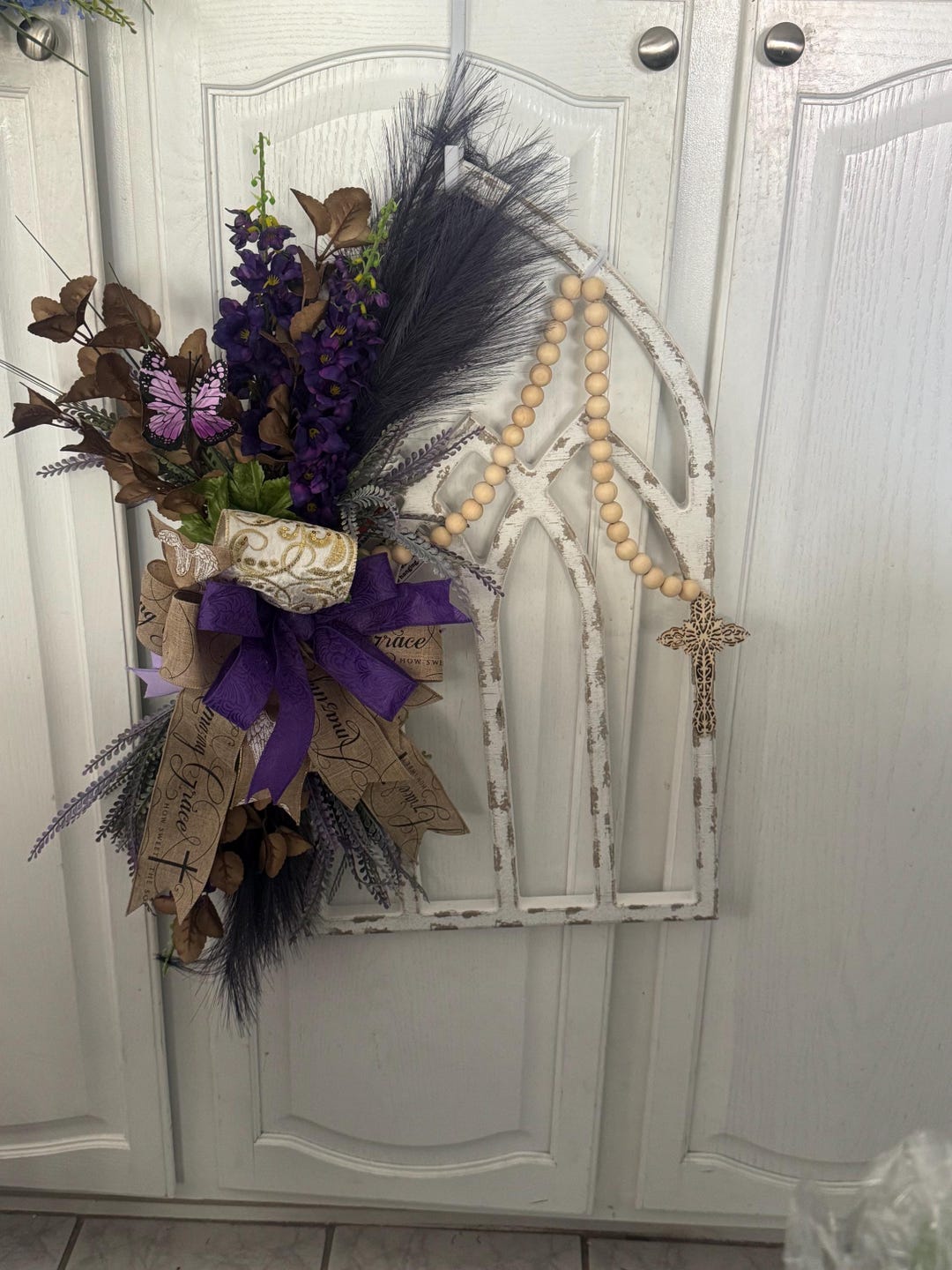 Floral Church Window Wall Decor, Cross & Bead Accent - Etsy