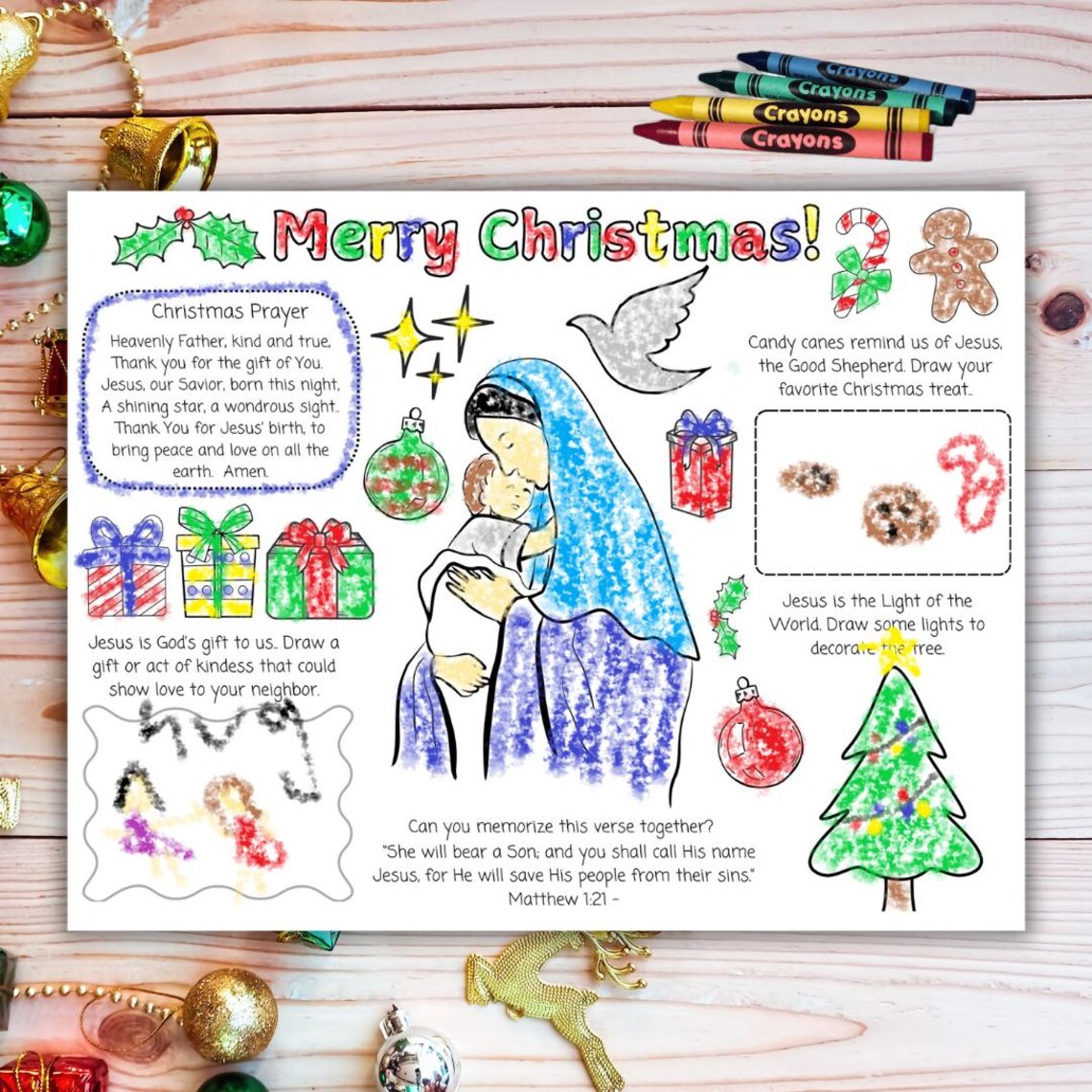 Christmas Coloring Placemat Kids, Sunday School Scripture Bible Verse ...