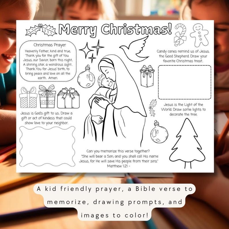 Christmas Coloring Placemat Kids, Sunday School Scripture Bible Verse ...