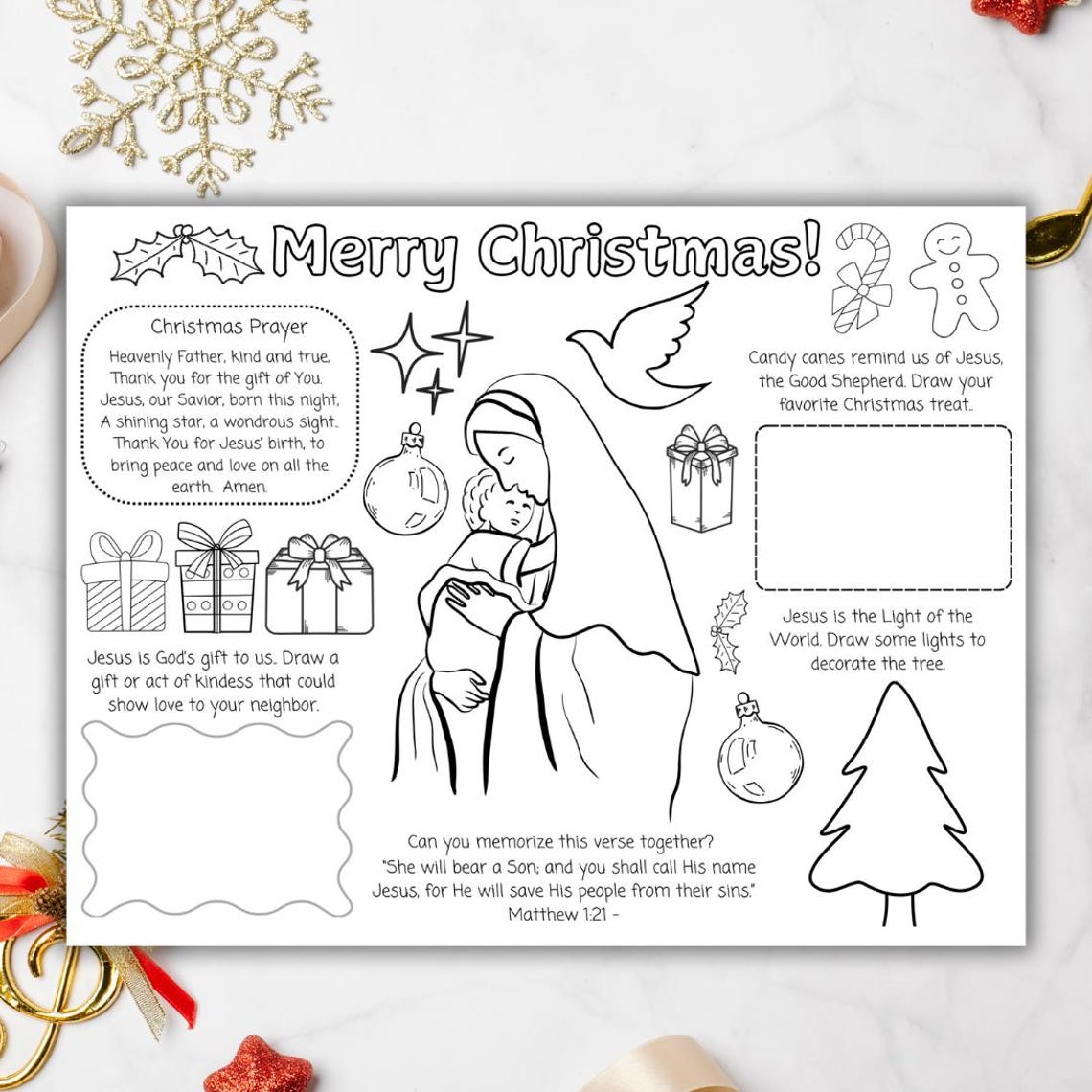 Christmas Coloring Placemat Kids, Sunday School Scripture Bible Verse ...