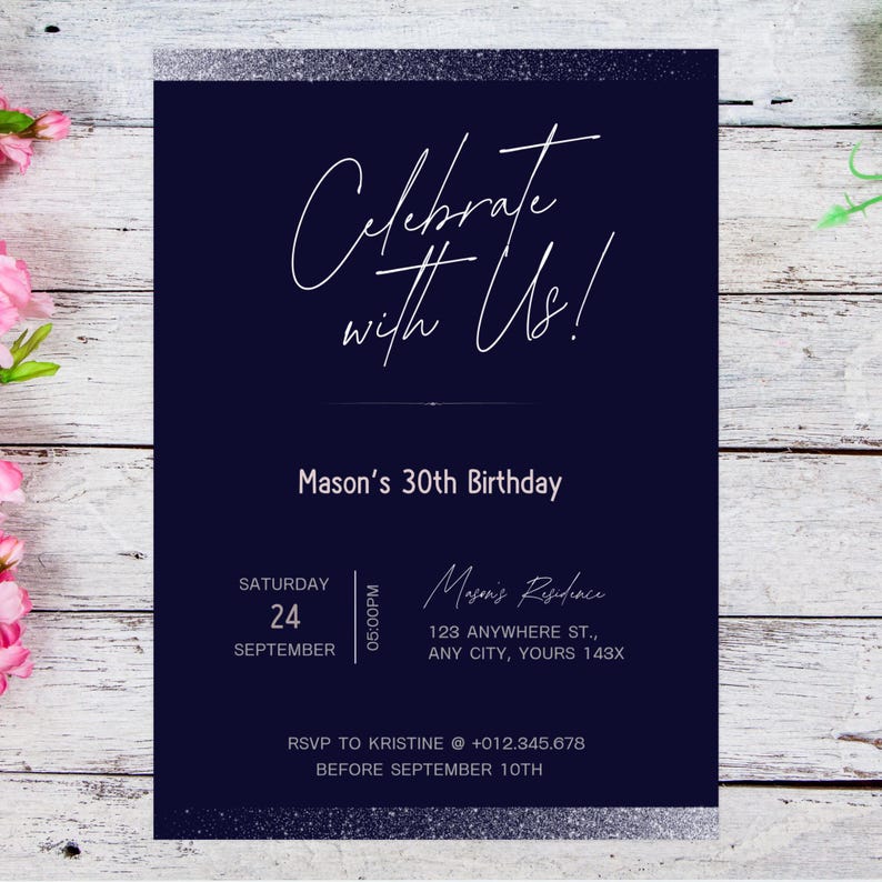 Navy Blue Birthday Invitation, Elegant Minimalist Design (digital ...