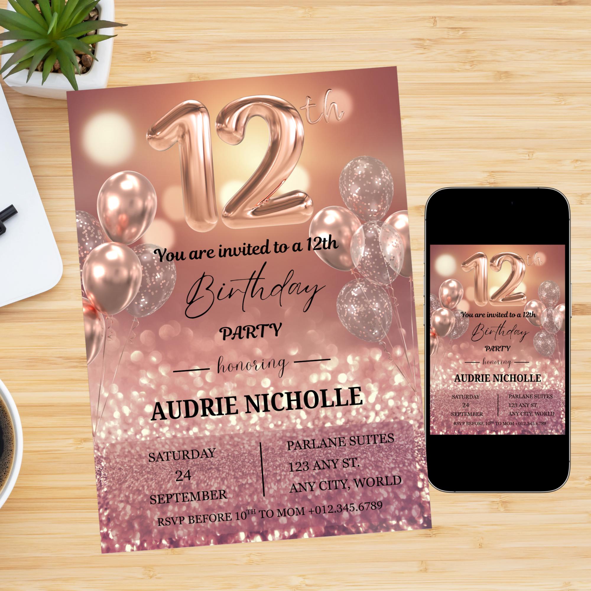 Editable Rose Gold 12th Birthday Invitation Girls Printable 12 Twelve ...