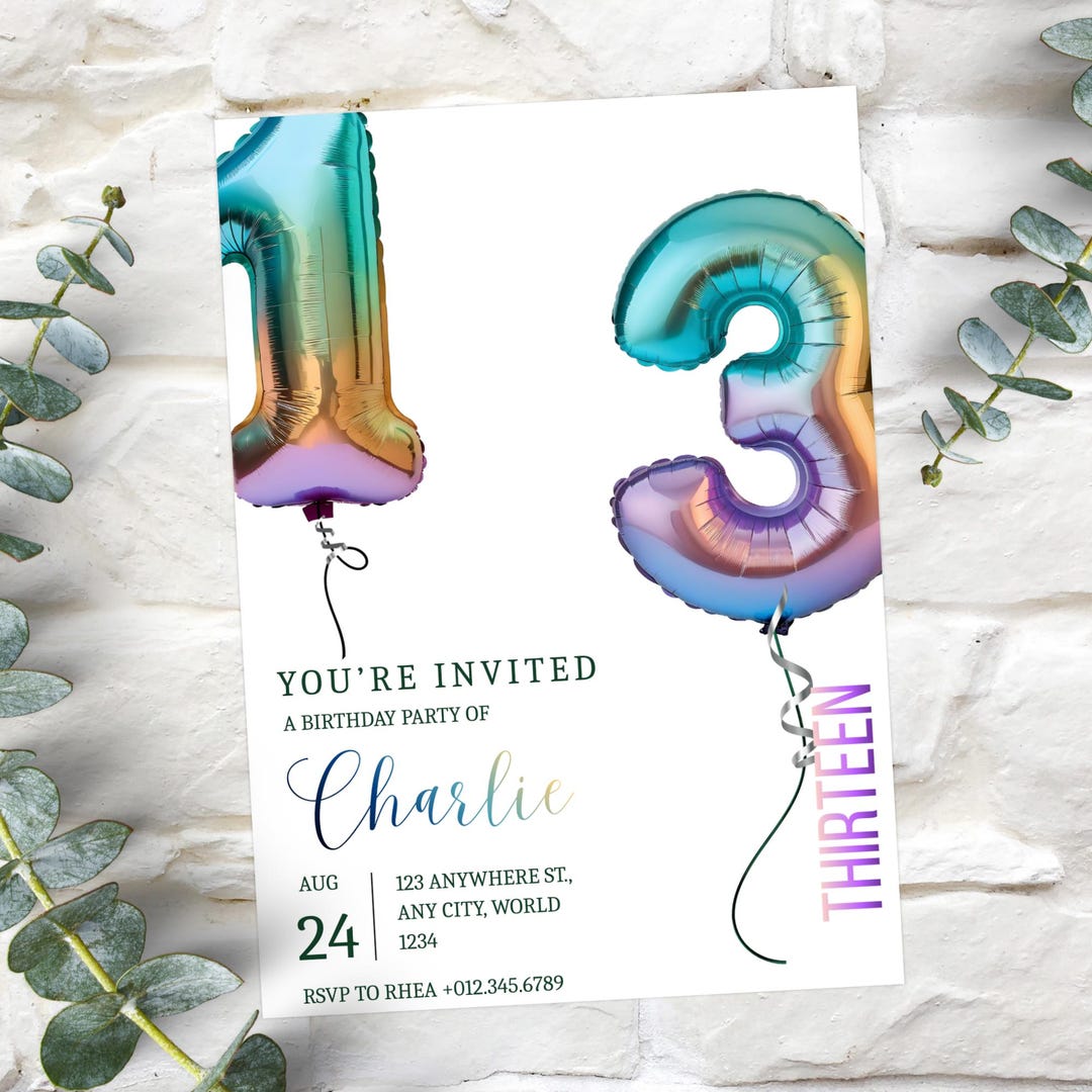 13th Birthday Party Invitation Card Minimalist Pastel Rainbow Theme ...