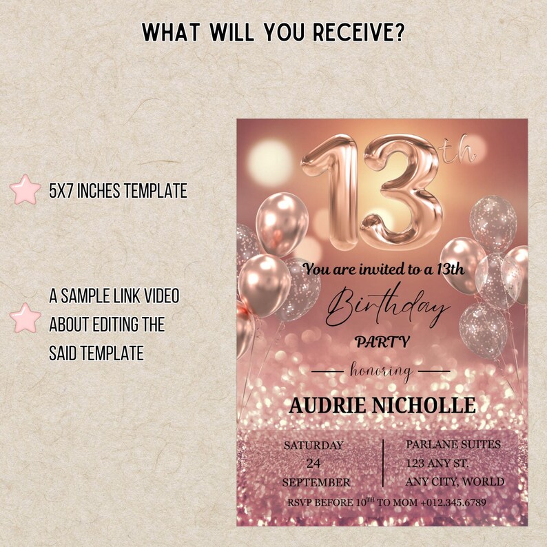 Editable Rose Gold 13th Birthday Invitation Girls Printable Teen 13 ...