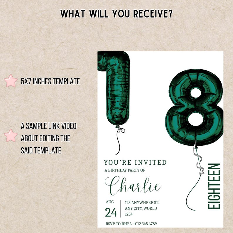 Editable 18th Birthday Party Invitation Card With Minimalist Emerald ...