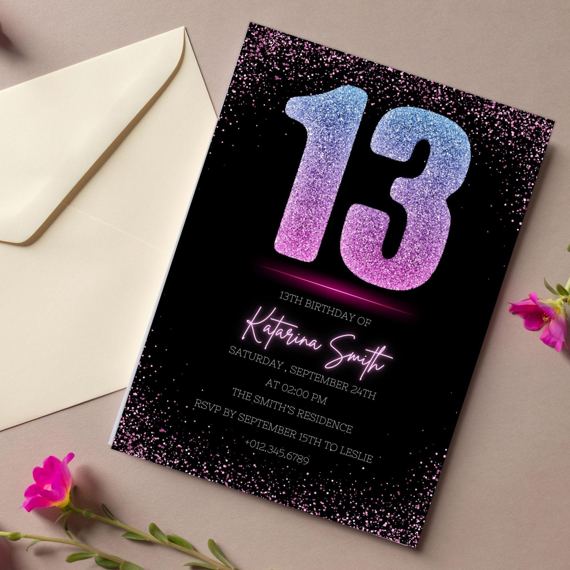 Editable 13th Birthday Invitation Card Thirteenth Day Girls 13th Day ...
