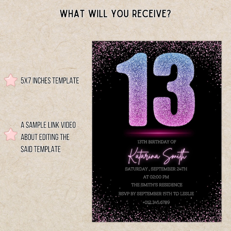 Editable 13th Birthday Invitation Card Thirteenth Day Girls 13th Day ...