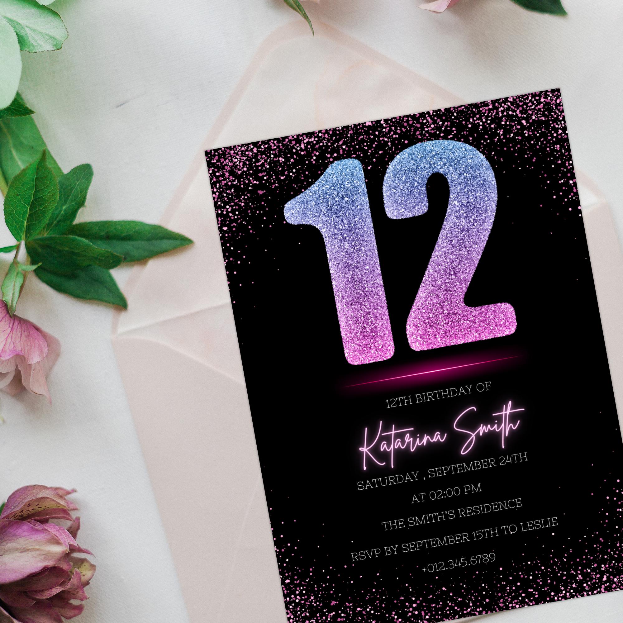 Editable 12th Birthday Invitation Card Twelfth Day Girls 12th Day ...