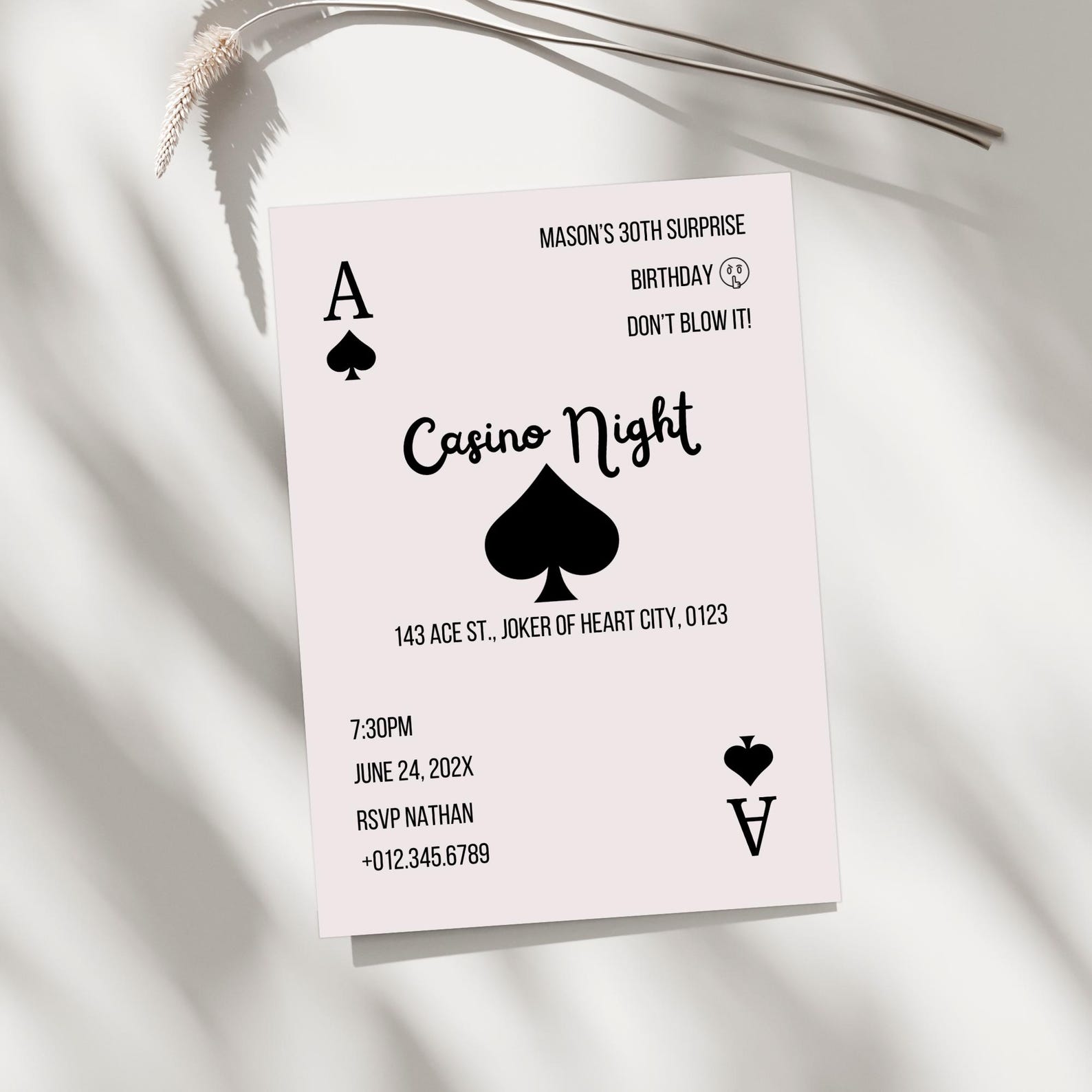 Minimalist Trendy Invitation Casino Poker Invitation Printable Ace Card ...