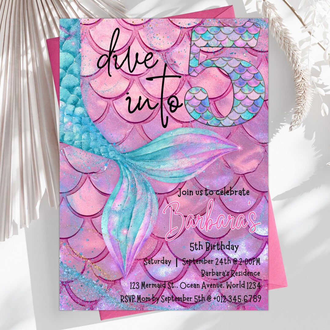 Editable Dive Into Five 5th Birthday Mermaid Invitation Purple Blue ...
