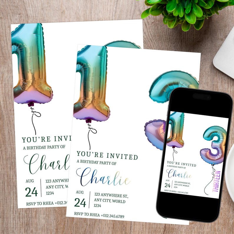 13th Birthday Party Invitation Card Minimalist Pastel Rainbow Theme ...