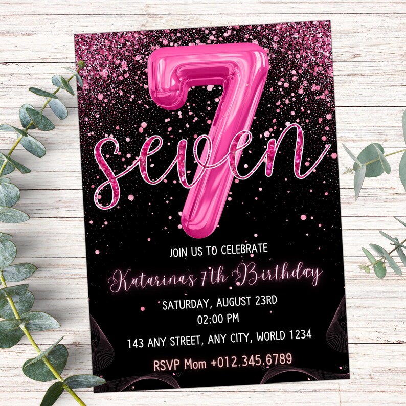 Editable 7th Birthday Invitation Card Pink and Black Foil Pastel ...