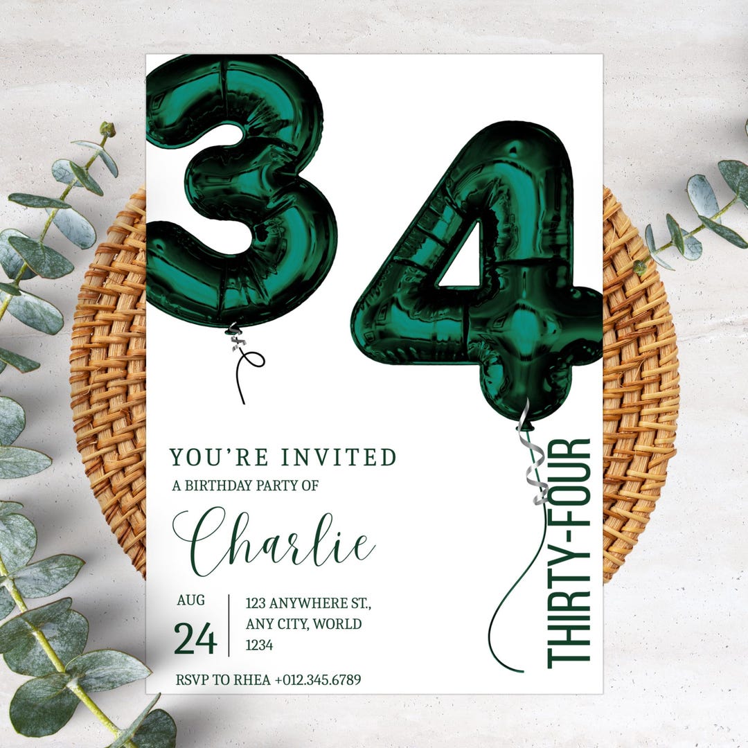 Editable 34th Birthday Party Invitation Card With Minimalist Emerald Design for Birthday Dinner ...