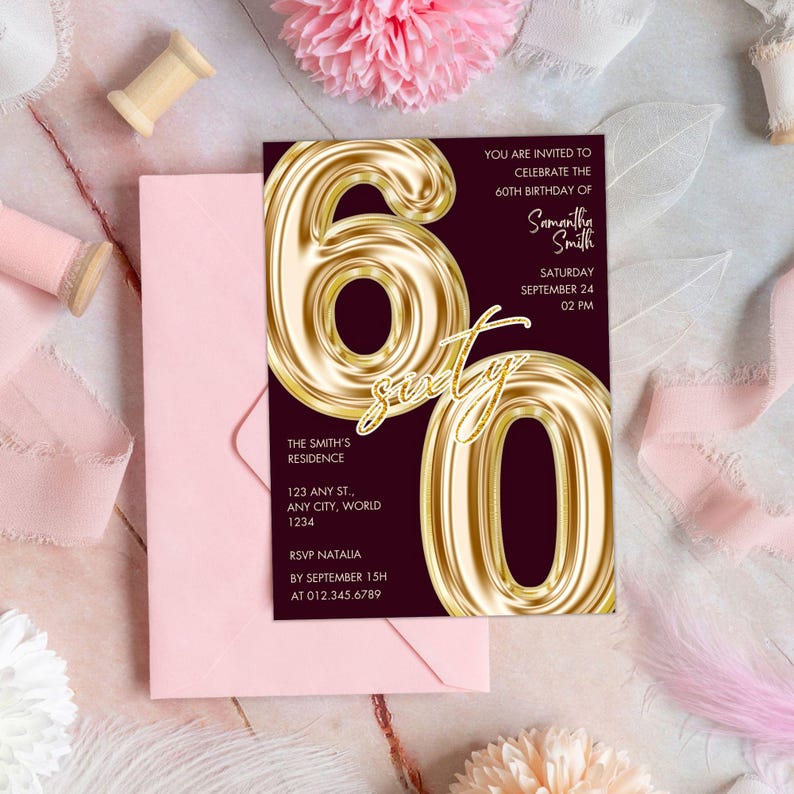 Editable 60th Birthday Invitation Card Elegant 60th Birthday Party ...
