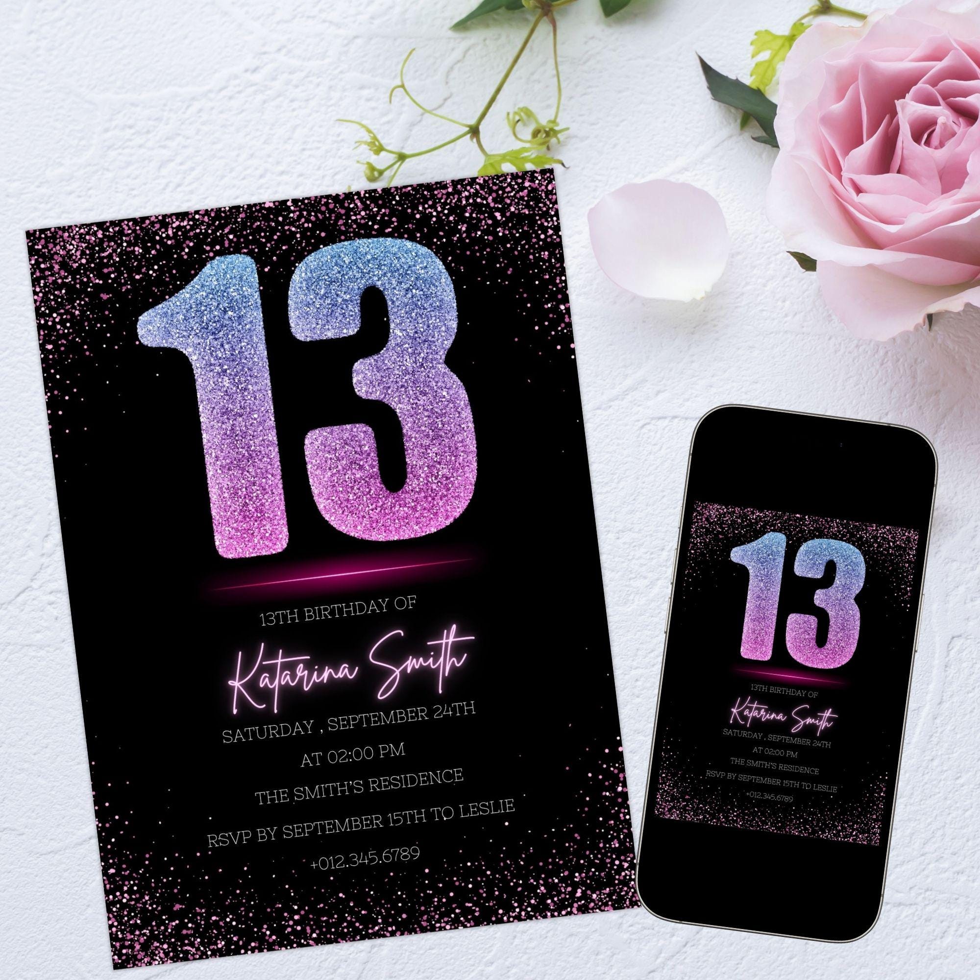 Editable 13th Birthday Invitation Card Thirteenth Day Girls 13th Day ...