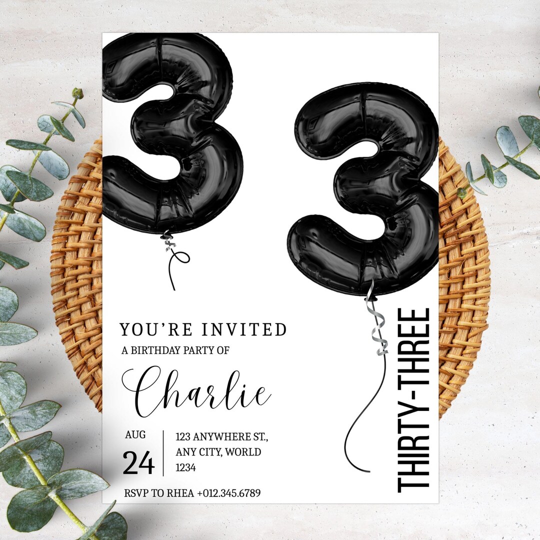 33rd Minimalist Birthday Invitation Card Elegant Simple Party Invite ...