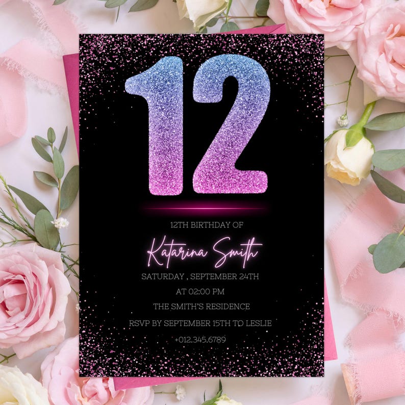 Editable 12th Birthday Invitation Card Twelfth Day Girls 12th Day ...