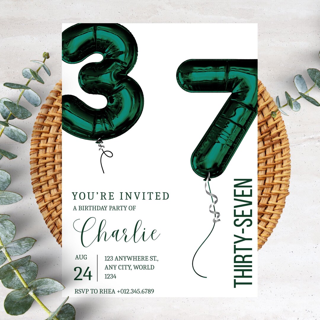 Editable 37th Birthday Party Invitation Card With Minimalist Emerald ...