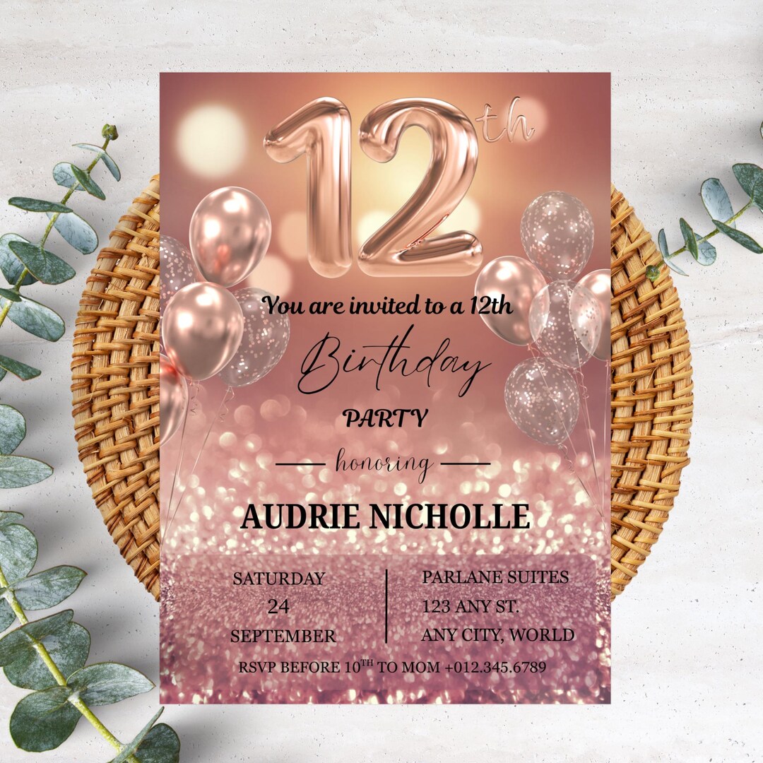Editable Rose Gold 12th Birthday Invitation Girls Printable 12 Twelve ...