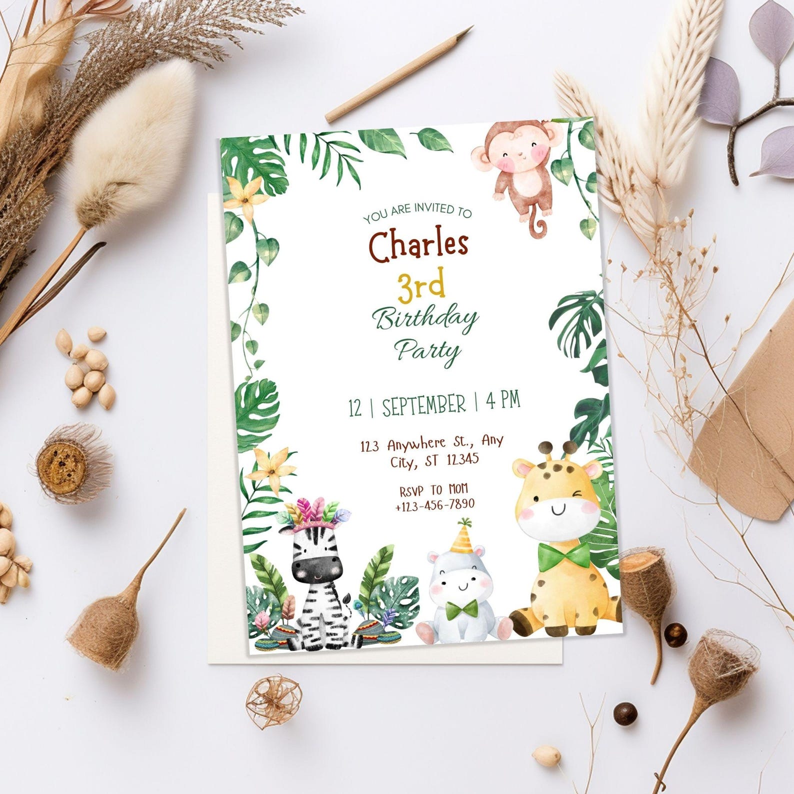Safari Birthday Invitation Template Editable Jungle Animals Kids Party ...