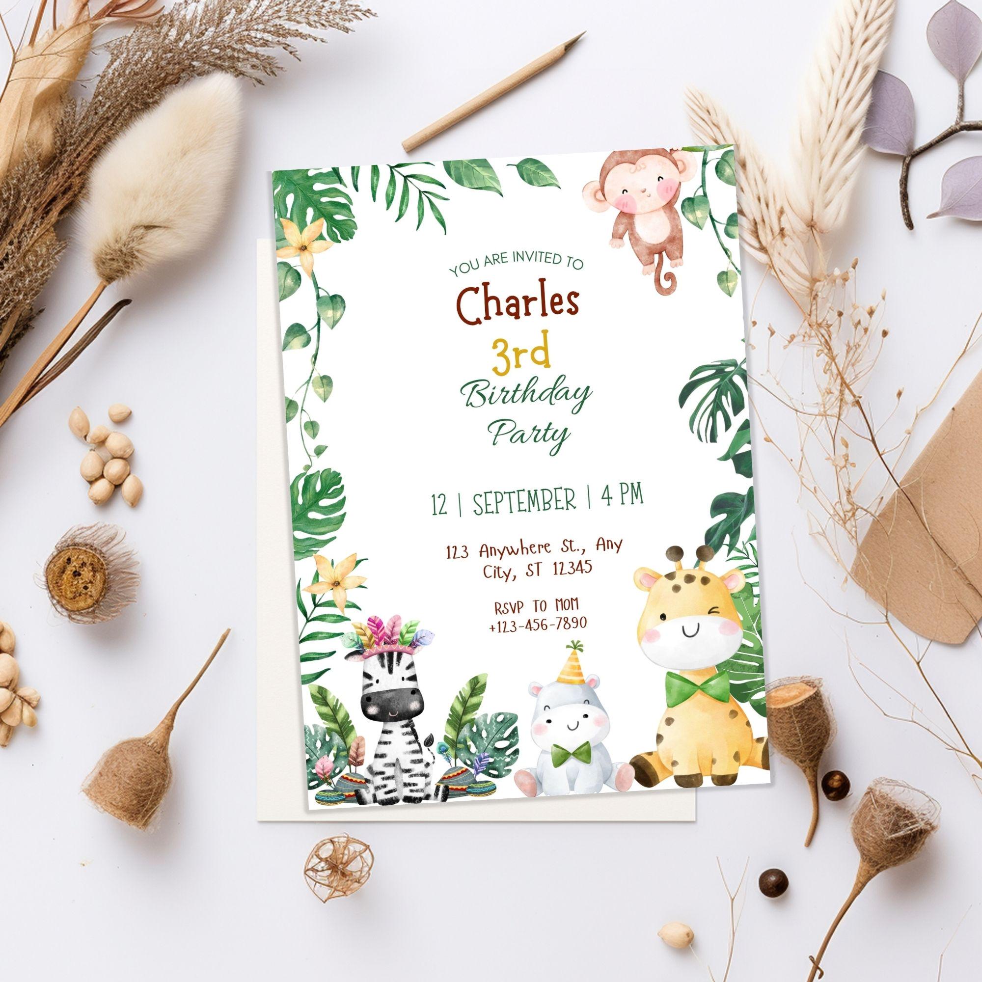 Safari Birthday Invitation Template Editable Jungle Animals Kids Party ...