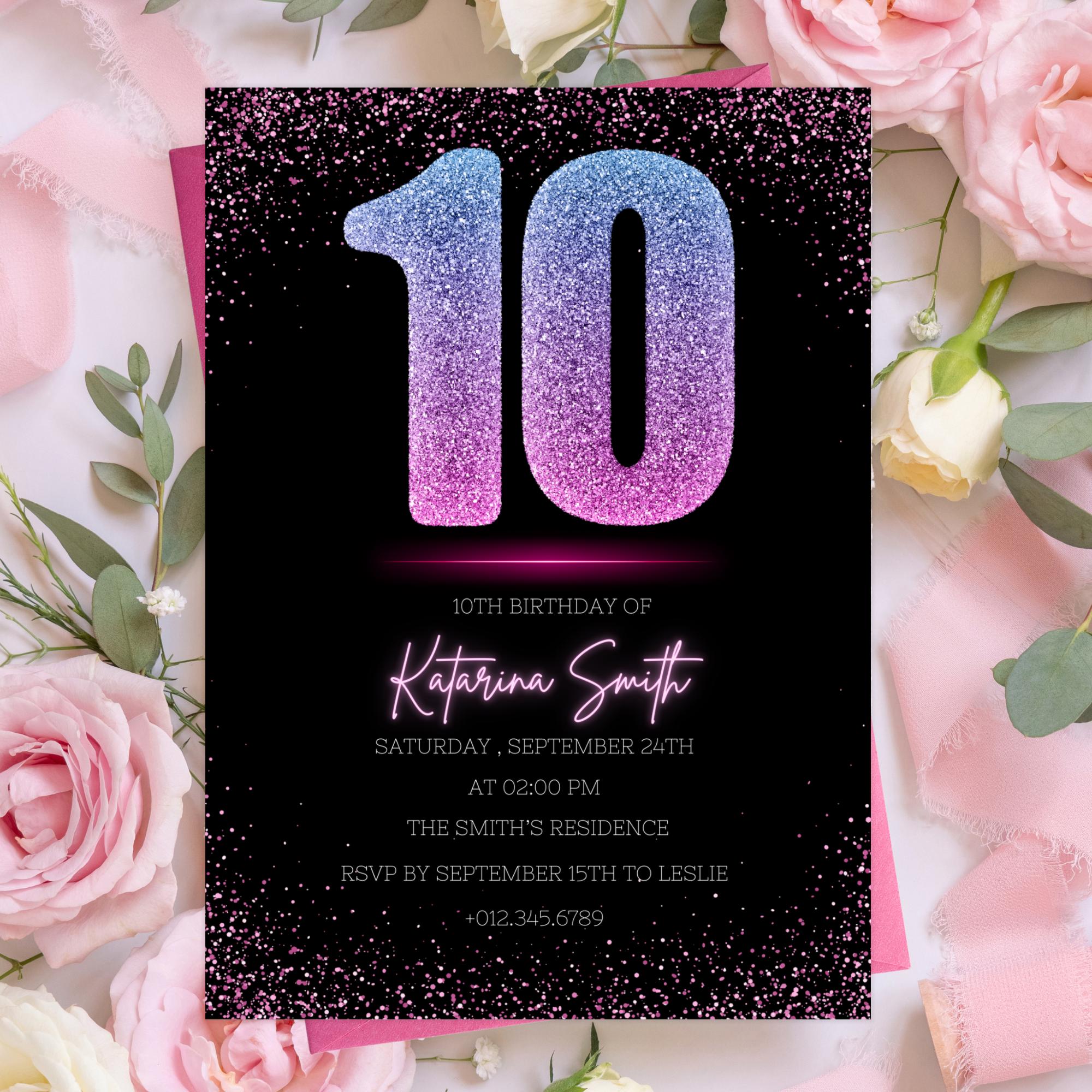 Editable 10th Birthday Invitation Card Tenth Day Girls 10th Day Modern ...