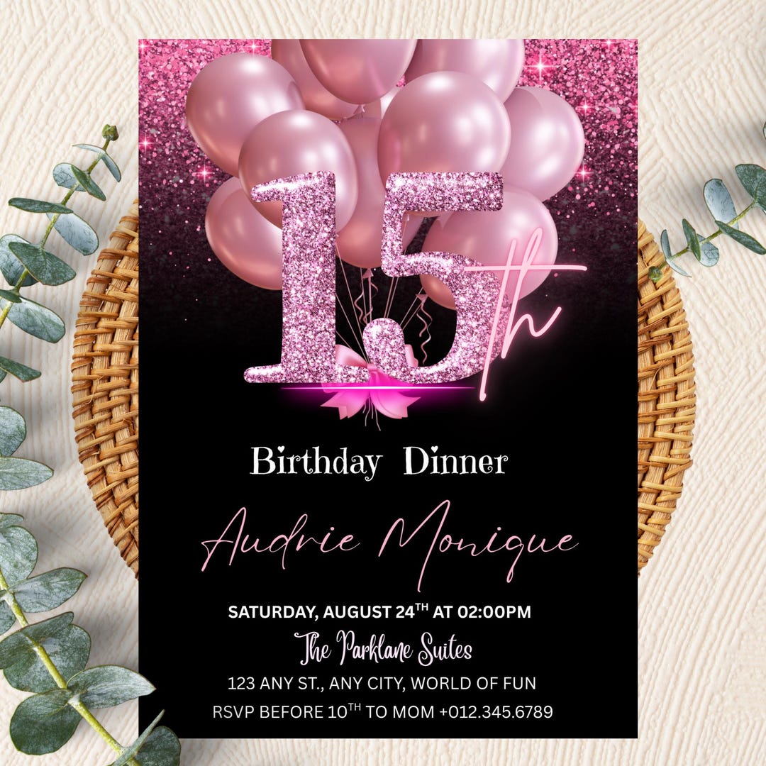 Editable 15th Birthday Invitation Girl Black & Pink Glitter Balloons ...