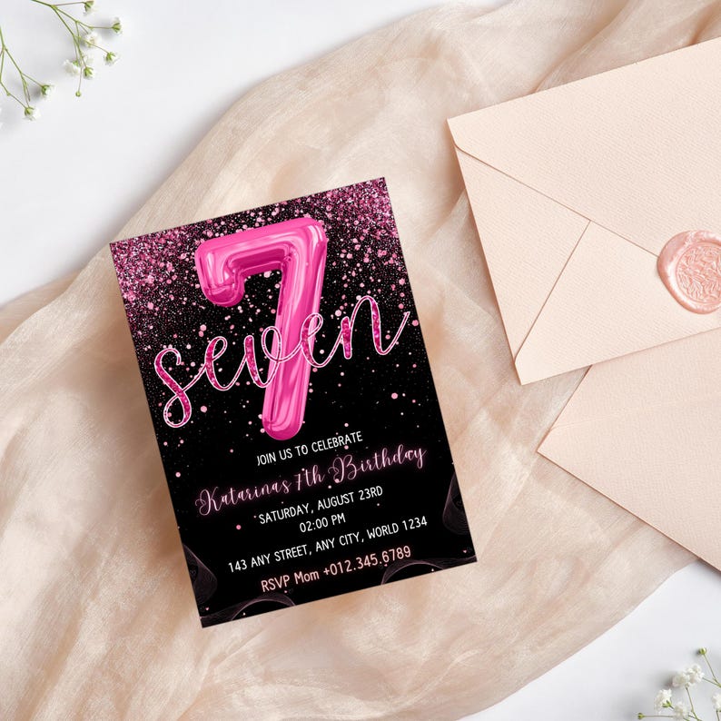 Editable 7th Birthday Invitation Card Pink and Black Foil Pastel ...