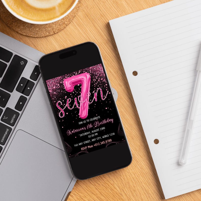 Editable 7th Birthday Invitation Card Pink and Black Foil Pastel ...