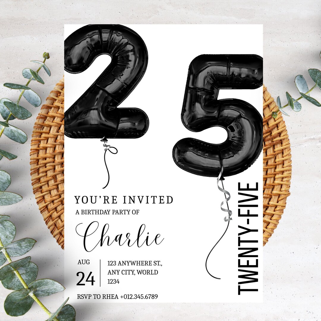25th Minimalist Birthday Invitation Card Elegant Simply Party Invite ...