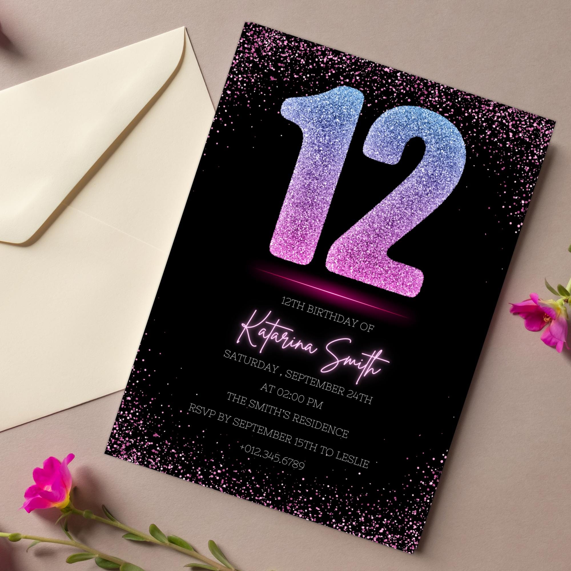 Editable 12th Birthday Invitation Card Twelfth Day Girls 12th Day ...