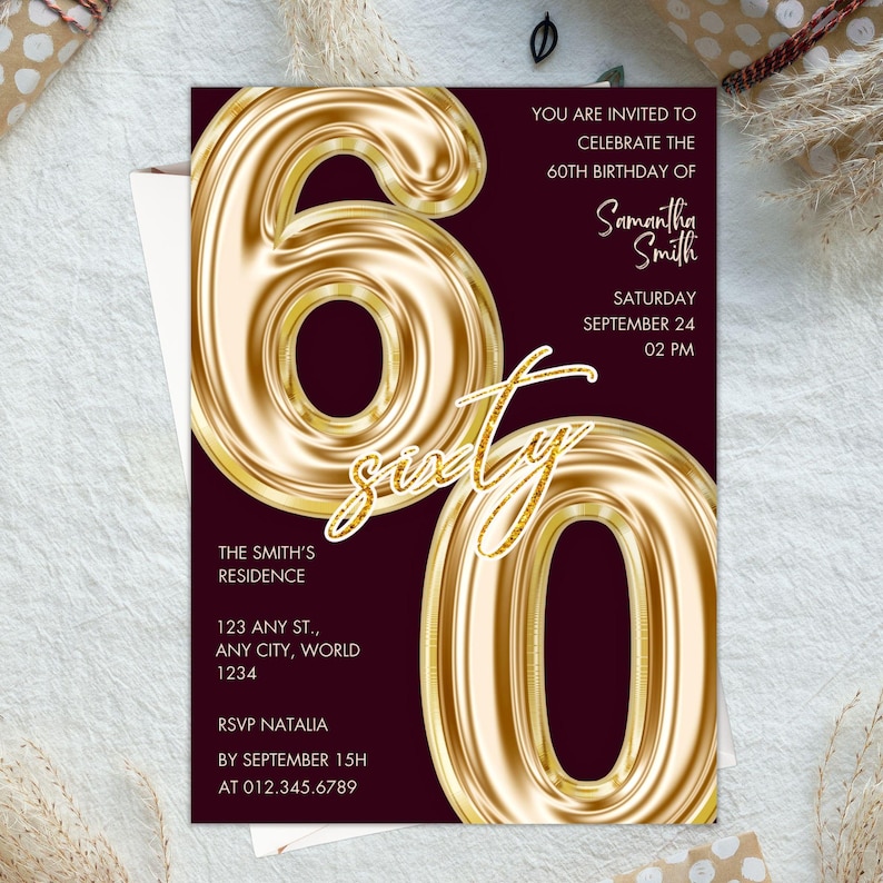 Editable 60th Birthday Invitation Card Elegant 60th Birthday Party ...