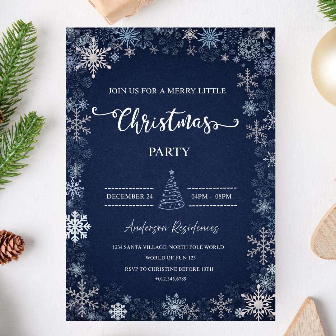 Editable Snowflakes Christmas Party Invitation Card Winter Wonderland ...