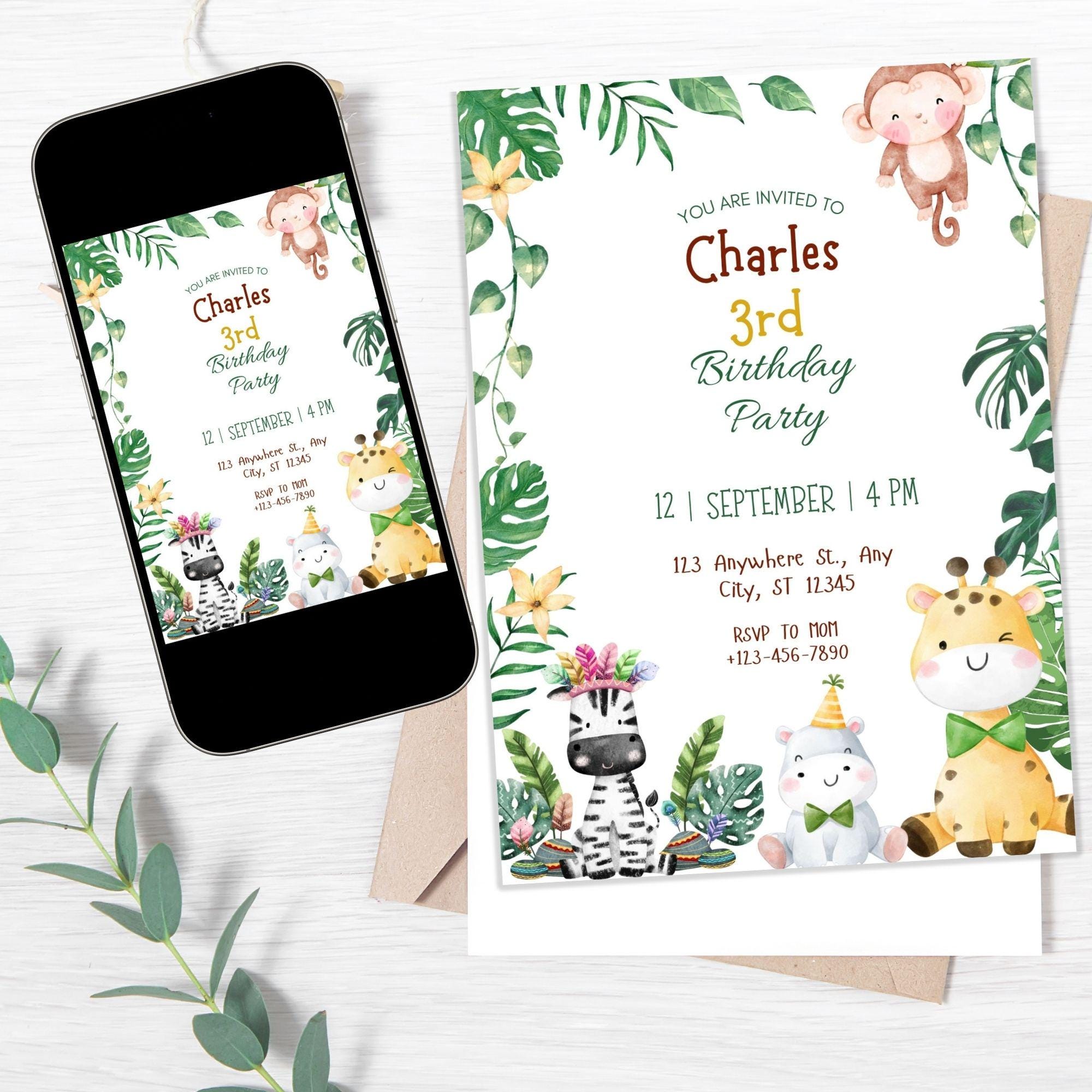 Safari Birthday Invitation Template Editable Jungle Animals Kids Party ...