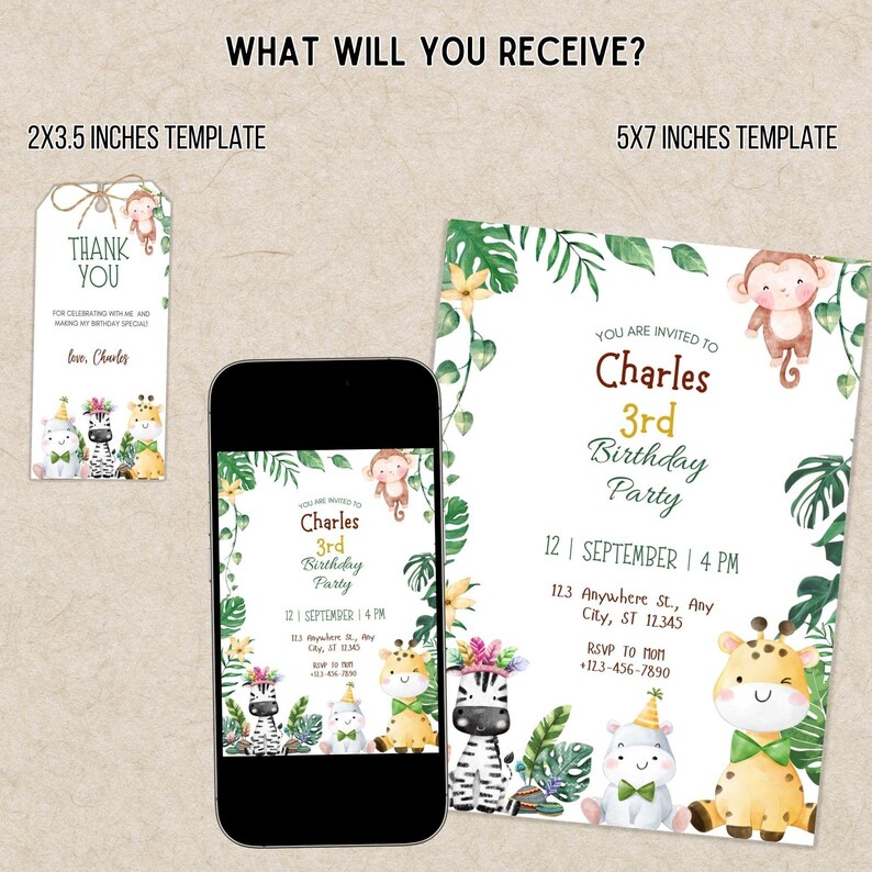 Safari Birthday Invitation Template Editable Jungle Animals Kids Party ...