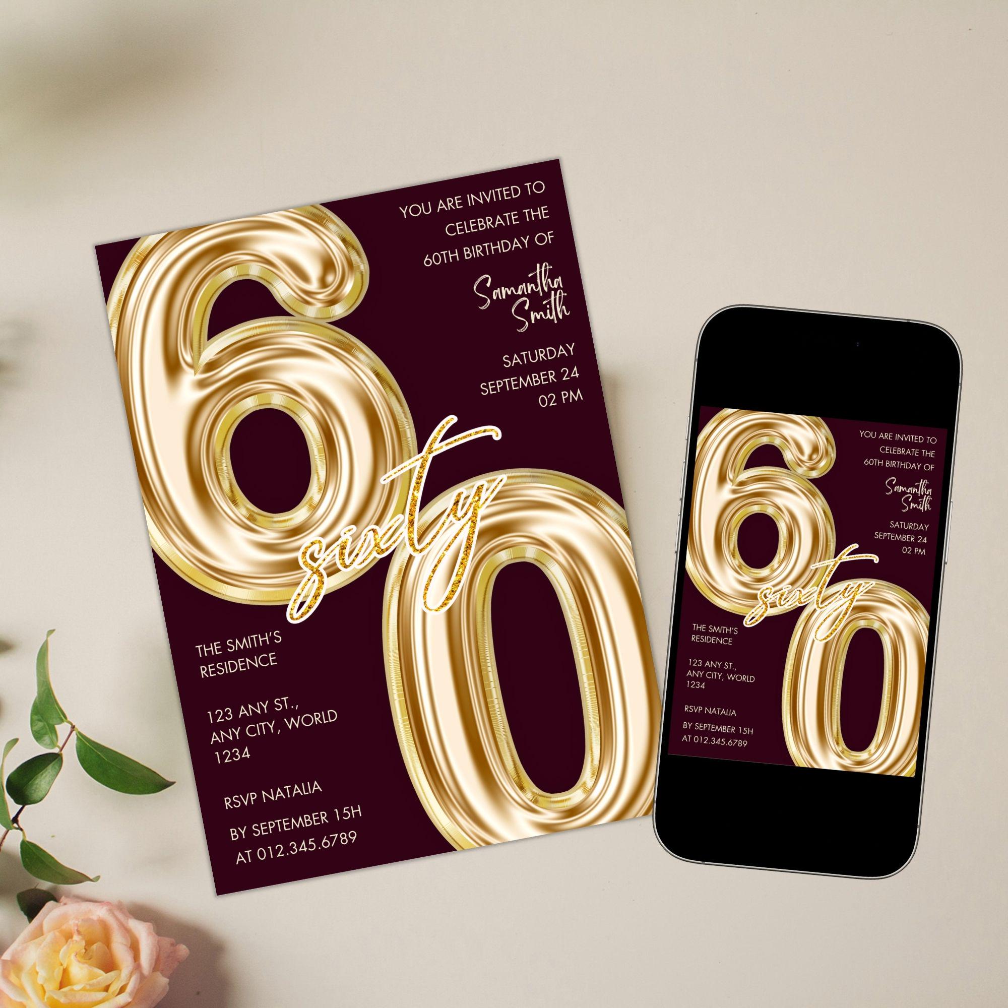 Editable 60th Birthday Invitation Card Elegant 60th Birthday Party ...
