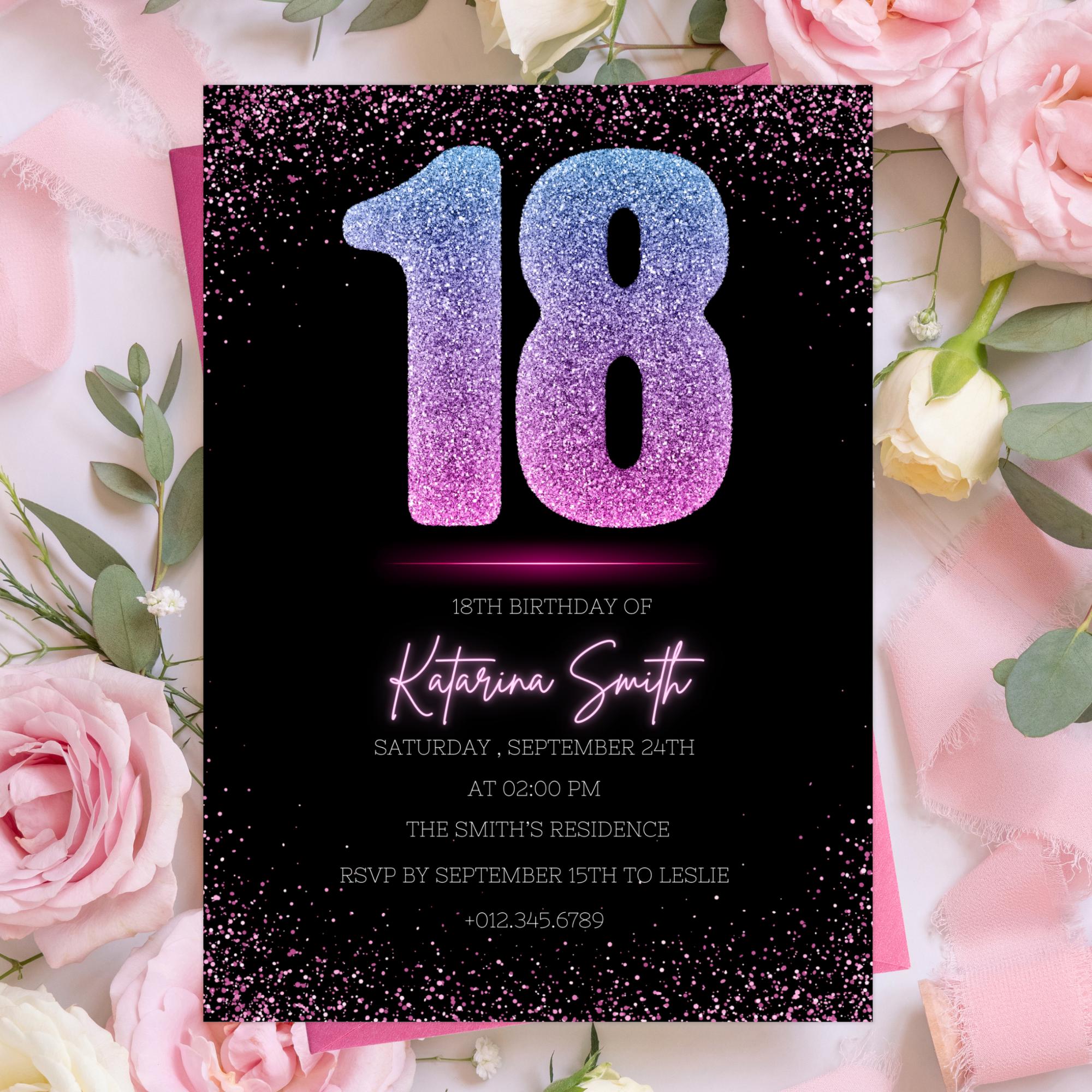 Editable 18th Birthday Invitation Card Eighteen Day Girls 18th Day ...